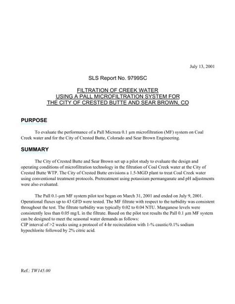 Filtration Of Creek Water Using A Pall Microfiltration System For The