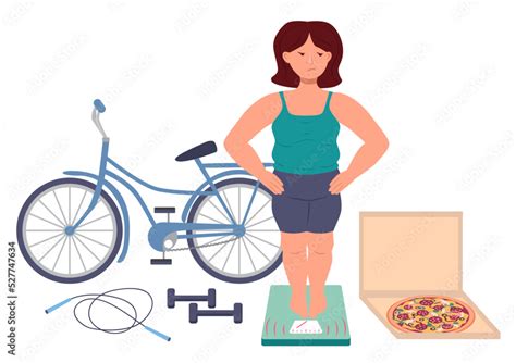 Full Girl Is Weighed On The Scales Girl Gained Weight Plump Woman Chooses Between Pizza And