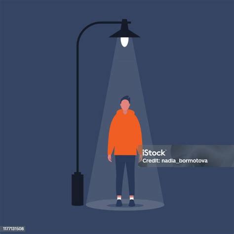 도시 장면입니다 등불의 빛 아래 서 젊은 남성 캐릭터 컨셉 플랫 일러스트레이션 클립 아트 가로등에 대한 스톡 벡터 아트 및 기타 이미지 Istock