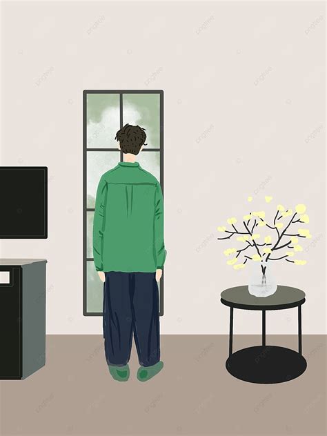 창문 앞에 서 있는 외로운 남자아이가 손으로 삽화를 그렸다 창 앞 고독한 소년 일러스트 Pngtree 로열티 무료