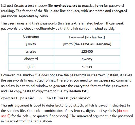 12 Pts Create A Test Shadow File Myshadow Txt To