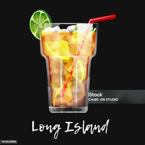검은 배경에 알콜 칵테일 긴 섬입니다 바 음료 메뉴 용 유리 음료 벡터 그림 마실 것에 대한 스톡 벡터 아트 및 기타 이미지