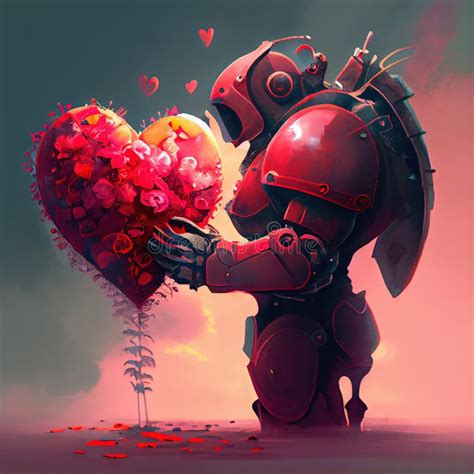 Colourful Abstract Valentines Day Whimsical Robot Stock Illustration