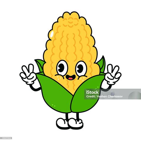 귀여운 재미있는 옥수수 흔들리는 손 캐릭터 벡터 손으로 그린 전통 만화 빈티지 복고풍 카와이 캐릭터 일러스트 레이 션 아이콘 흰색 배경에 고립되어 있습니다 옥수수 캐릭터