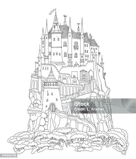 산에 동화 속 성 소나무가 있는 판타지 풍경 색칠하기 책 페이지 성 건축물에 대한 스톡 벡터 아트 및 기타 이미지 성 건축물 일러스트레이션 컬러링 북 페이지