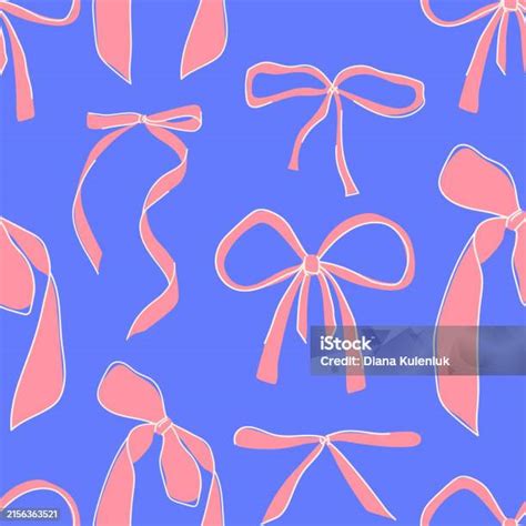 파란색 배경에 분홍색 리본이 있는 원활한 패턴입니다 흰색 윤곽선이 있는 분홍색 리본 휴일 직물 및 선물 제품을 위한 이음새가 없는 활 본의 현대 디자인 벡터 0명에 대한