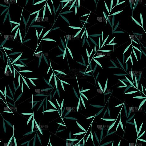 无缝漂亮的竹叶绿色图案。向量。插图。黑色背景。