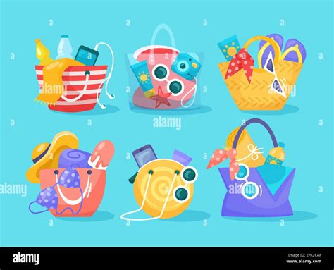 beach bags with different objects vector illustrations set stock vector image and art alamy
