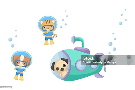 귀여운 만화 퍼그 개는 잠수함 창과 귀여운 개 다이빙 슈트에서 고양이가 수중 수영을 합니다 T 셔츠 앨범 카드 초대장의 디자인 강아지 개에 대한 스톡 벡터 아트 및 기타