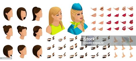 아이소메트리 스튜 어디 스 여자의 그녀의 캐릭터의 창조에 대 한 감정의 집합 입술 머리 눈 코의 큰 집합입니다 아름다움 얼굴 디자이너 세트 3 관광에 대한 스톡 벡터 아트