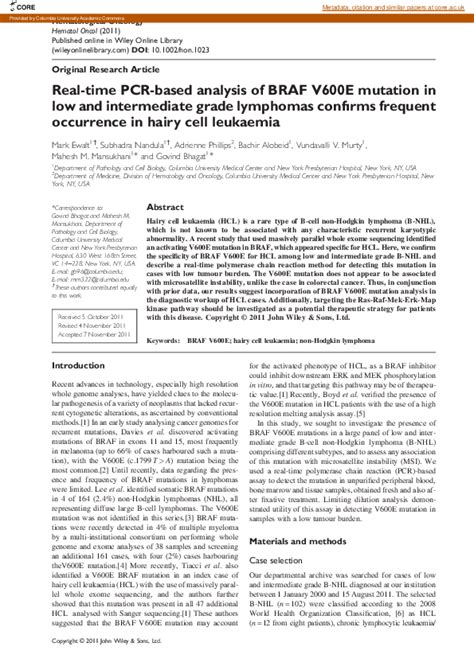 Pdf Real Time Pcr Based Analysis Of Braf V600e Mutation In Low And Intermediate Grade