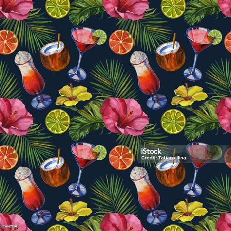 열대 야자수 잎 바나나 파인애플 음료 파티와 꽃 수채화 패턴 원활한 패턴 연속무늬에 대한 스톡 벡터 아트 및 기타 이미지 연속무늬 칵테일 파인애플 Istock