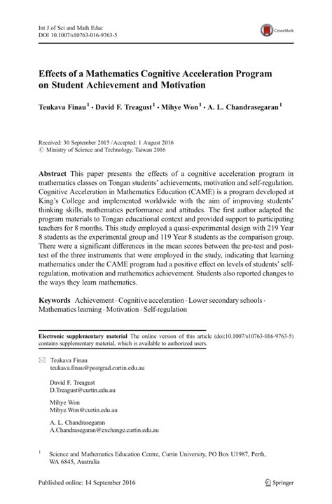 Pdf Effects Of A Mathematics Cognitive Acceleration Program On
