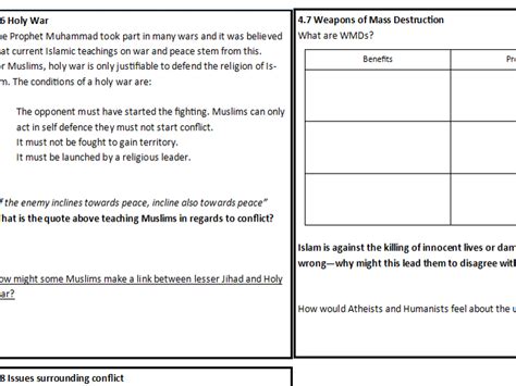 Peace And Conflict Revision Sheet Teaching Resources
