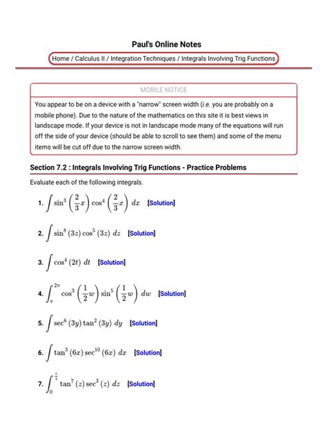 Calculus Ii Integrals Involving Trig Functions Practice Problems Pdf