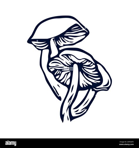 Handmade Blockprint Mushroom Vector Motif Clipart In Folkart Scandi Style Simple Monochrome