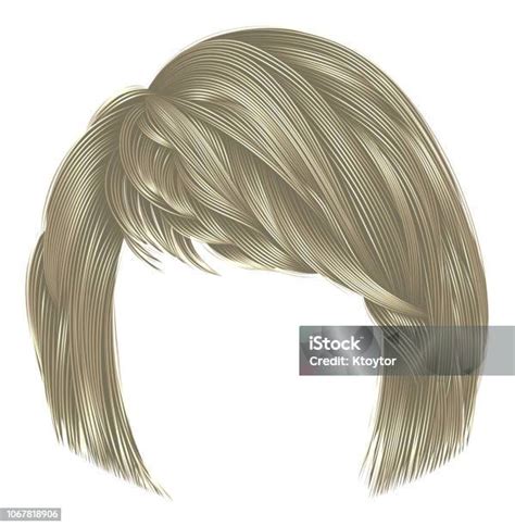 프린지와 함께 최신 유행 여자 머리카락 케어입니다 가벼운 금발 색깔입니다 중간 길이입니다 뷰티 스타일입니다 현실적인 3d 이미지입니다 가발에 대한 스톡 벡터 아트 및 기타