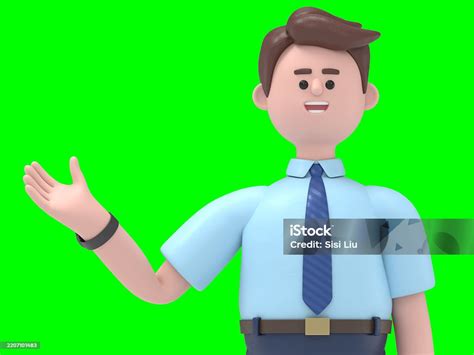 웃는 아시아 남자 펠릭스의 3d 일러스트레이션은 화면을 손가락으로 가리키고 그린 스크린mockup3d 푸티지 및 클리핑 경로를 위해 그린 스크린에 렌더링합니다 3차원 형태에