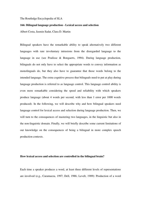 Pdf Bilingual Language Production Lexical Access And Selection