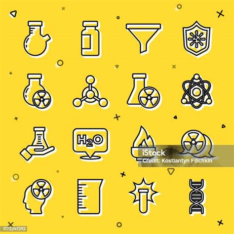 라인 Dna 기호 방사성 원자 깔때기 또는 필터 분자 시험관 방사선 플라스크 및 아이콘을 설정합니다 벡터 가열장치에 대한 스톡