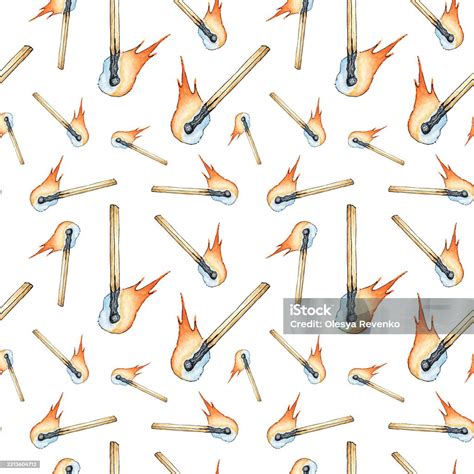 불타는 성냥 추상화의 수채화 삽화 패턴 불꽃을 얻으십시오 불을 피우십시오 불에 탄 나무 막대기 손으로 그린 낙서 흰색 배경에