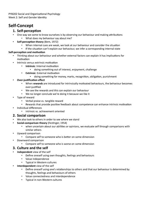 Week 2 Lecture Notes 2 Pyb202 Social And Organisational Psychology Week 2 Self And Gender