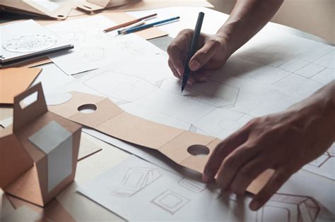 디자이너 스케치 드로잉 디자인 브라운 공예 판지 종이 제품 에코 포장 모형 상자 개발 템플릿 패키지 브랜딩 라벨 디자이너 스튜디오 개념 사무실에 대한 스톡 사진 및 기타