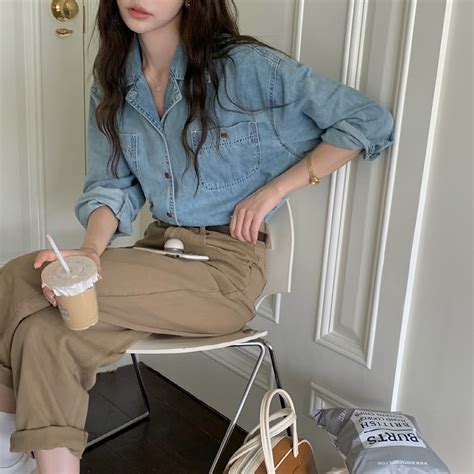 데님 중청 셔츠 숏 간절기 봄 가을 키작녀 아우터 데일리 기본템 베이직 꾸안꾸 출근룩 데이트 여친룩 Wknd Blue