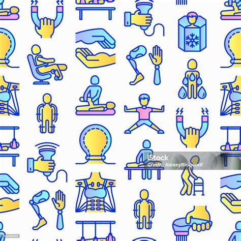 자기 치료 레이저 마사지 림프 배수 외골격 냉동 요법 생체 메카트로닉스 얇은 라인 아이콘장애인 원활한 패턴을위한 재활 벡터