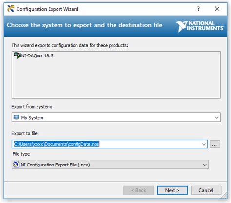 export import the system configuration in ni max ni