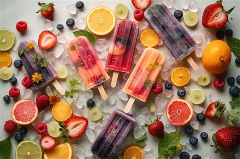 Set Of Unique Colorful Summer Popsicles With Fresh Fruits And Ice Cubes Stock Illustration