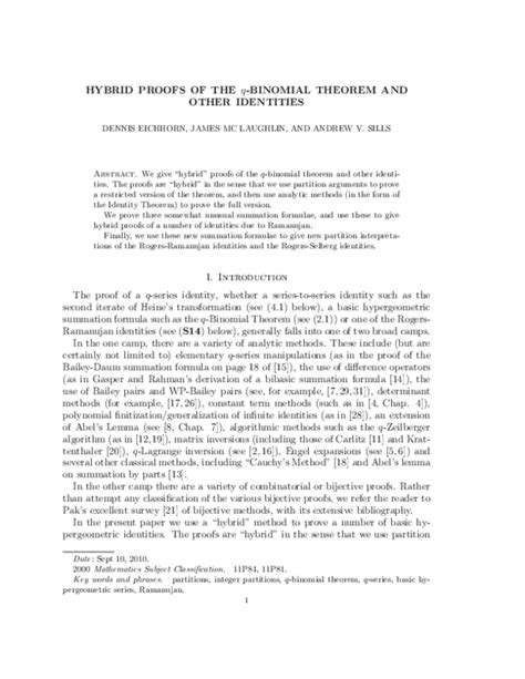 Pdf Hybrid Proofs Of The Q Binomial Theorem And Other Identities