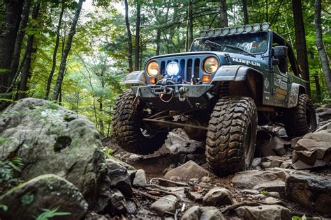 Un Vehículo 4x4 Modificado Con Grandes Neumáticos Todoterreno Se Arrastra Por Una Sección Rocosa