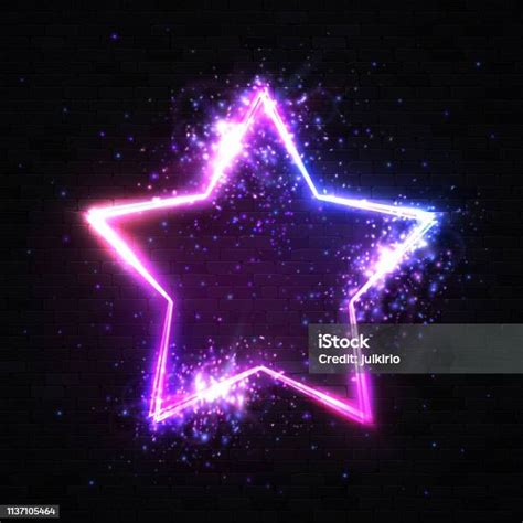 검은 벽돌 벽에 별 배경입니다 입자와 현실적인 고립 된 네온 사인 스파클 빛 플래시 폭발 장식 및 어두운 배경에 덮 음 3 차원 빛나는 80 년대 스타일 벡터 일러스트 0