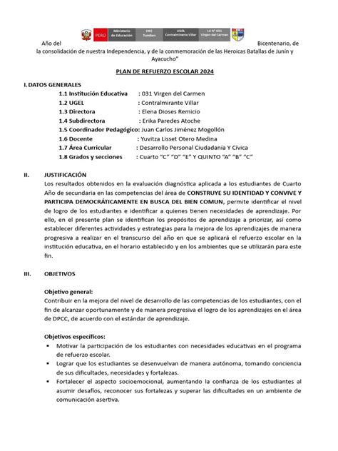 Plan De Refuerzo Escolar Cuarto Y Quinto Dpcc 2024 Pdf Aprendizaje