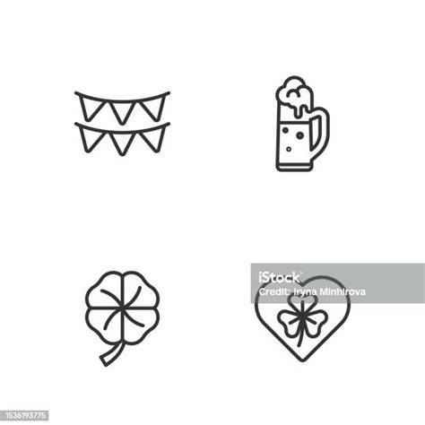 클로버 트레포일 잎 4개 카니발 화환 깃발 맥주 아이콘 한 잔으로 하트를 설정합니다 벡터 3에 대한 스톡 벡터 아트 및 기타 이미지 Istock