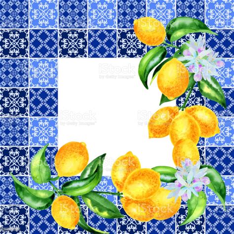 지중해 프레임입니다 초대장 및 인사말 카드에 대 한 서식 파일입니다 웨딩 디자인 시칠리아 마졸리카와 레몬 손으로 그린 수채화 그림입니다 레몬에 대한 스톡 벡터 아트 및 기타