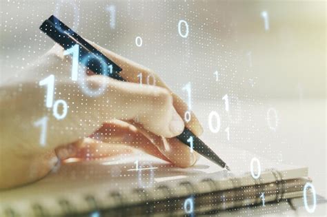 Premium Photo Creative Concept Of Binary Code Illustration And Woman Hand Writing In Notebook