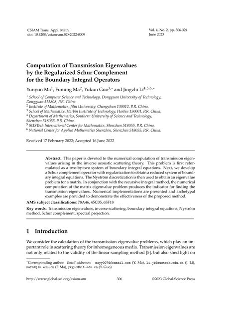 Global Science Press Computation Of Transmission Eigenvalues By The
