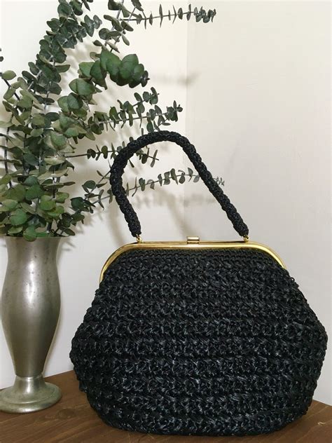 1950s 1960s Black Woven Raffia Purse Vintage Top Handle Handbag Mid