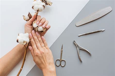 세련 된 트렌디 한 여성 핑크 매니큐어입니다 아름다운 젊은 여성은 꽃회색 배경에 손을 최소한의 창조적 인 개념 플랫 레이 상단 보기 모형 복사 공간 템플릿 가위에 대한 스톡