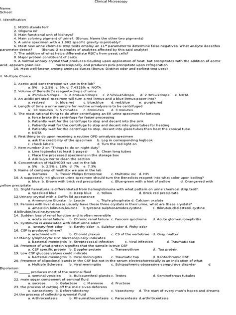 Clinical Microscopy Exam Pdf Cerebrospinal Fluid Urine