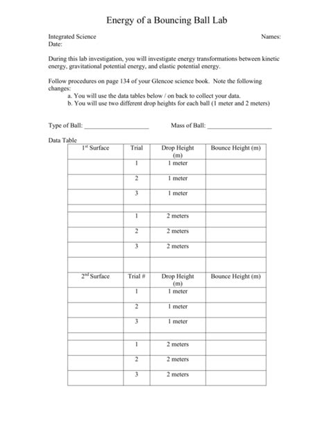 Bouncing Ball Energy Lab Worksheet