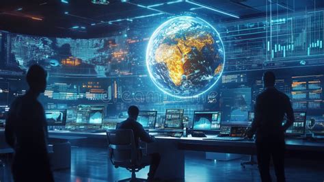 Futuristic Control Room With Holographic Earth And Digital Global Data