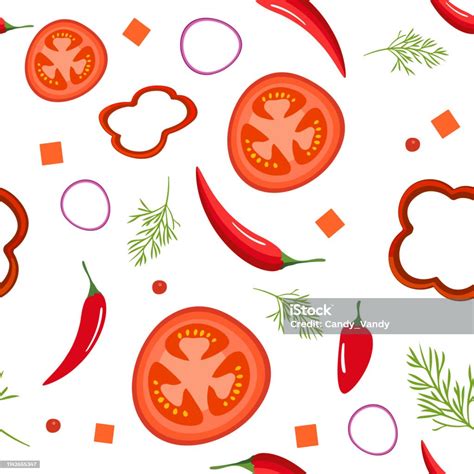 붉은 채소와 흰색 배경에 완벽 한 패턴입니다 토마토 파프리카 고추 양파 및 딜 벡터 일러스트입니다 입방체에 대한 스톡 벡터 아트 및 기타 이미지 Istock