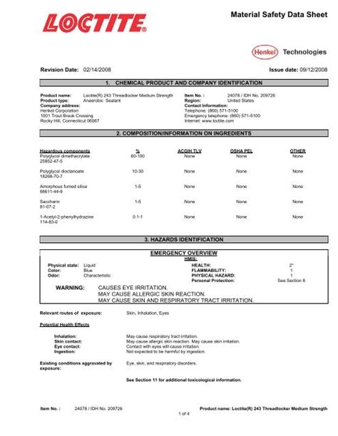 Material Safety Data Sheet Loctite