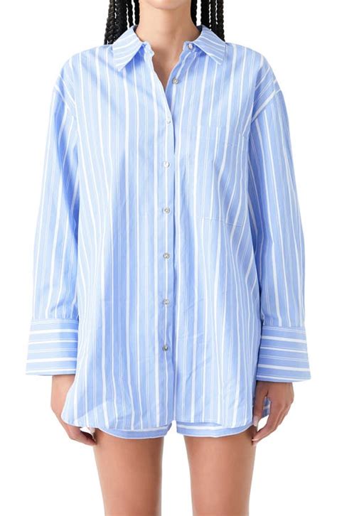 Grey Lab Oversize Stripe Long Sleeve Button Up Shirt In Blue Modesens