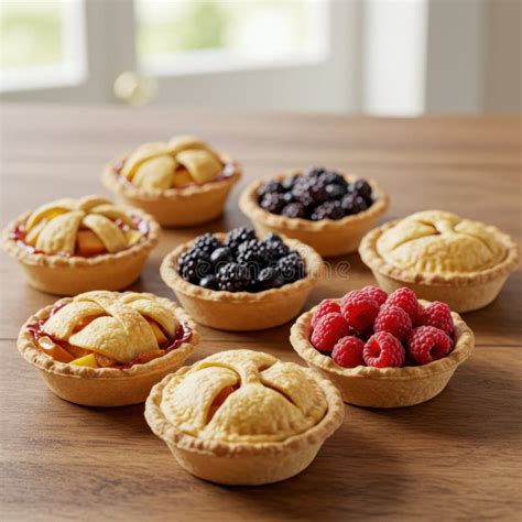 Assortment Of Mini Fruit Pies On Wooden Table Stock Illustration