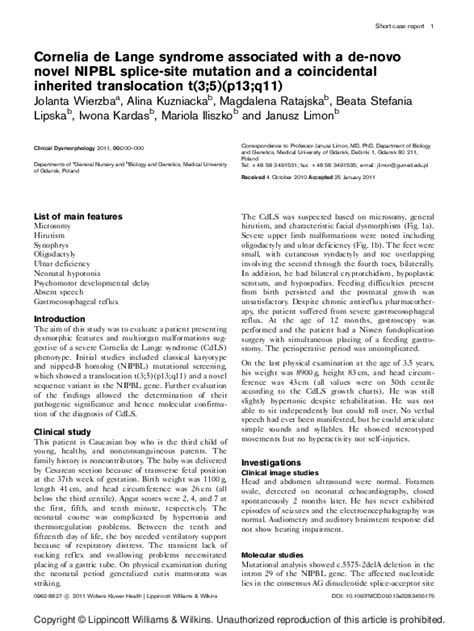 Pdf Cornelia De Lange Syndrome Associated With A De Novo Novel Nipbl
