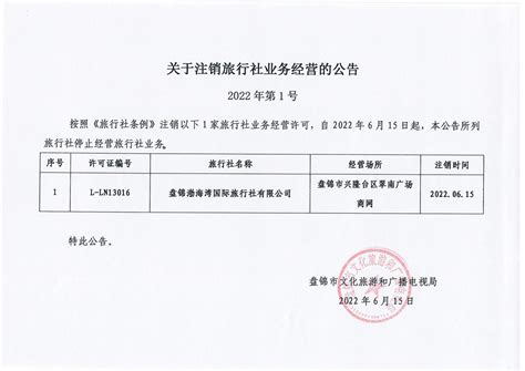 关于注销旅行社业务经营的公告 通知公告 盘锦市文化旅游和广播电视局